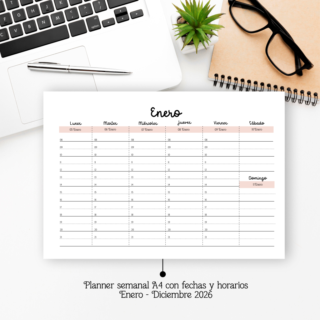 Planner semanal 2026 A4 con fecha y horarios – Pinkademy Uruguay